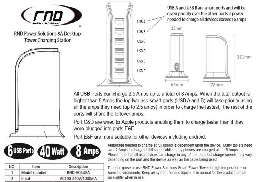RND Power Solutions 8A Desktop Tower Charging Station 6 Ports Manual ... RND Power Solutions 8A Desktop Tower Charging Station 6 Ports Manual ...